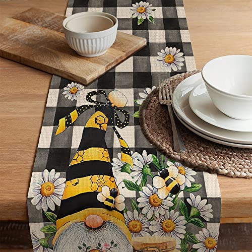 Seliem Spring Bee Gnome Table Runner, Honey Black White Buffalo Plaid Check Home Kitchen Dining Decor, Summer Seasonal Farmhouse Daisy Decorations Indoor Outdoor Anniversary Party Supply 13 x 72 Inch