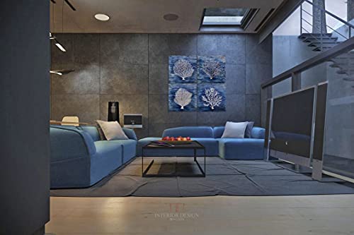 Yihui Arts Nautical Canvas Wall Art Hand Painted Navy Blue and White Coastal Painting Modern Abstract Tree Artwork for Living Room Bedroom Hall Way Decor