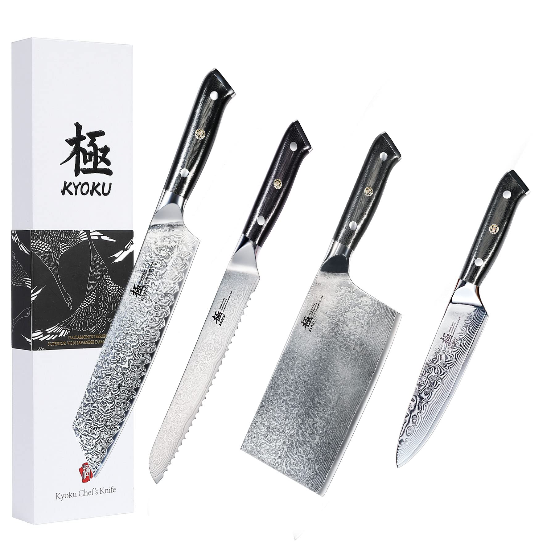 KYOKU 6" Utility Knife +7'' Cleaver + 8'' Serrated Bread Knife + 8.5'' Kiritsuke Knife - Shogun Series - Japanese VG10 Steel Core Forged Damascus Blade