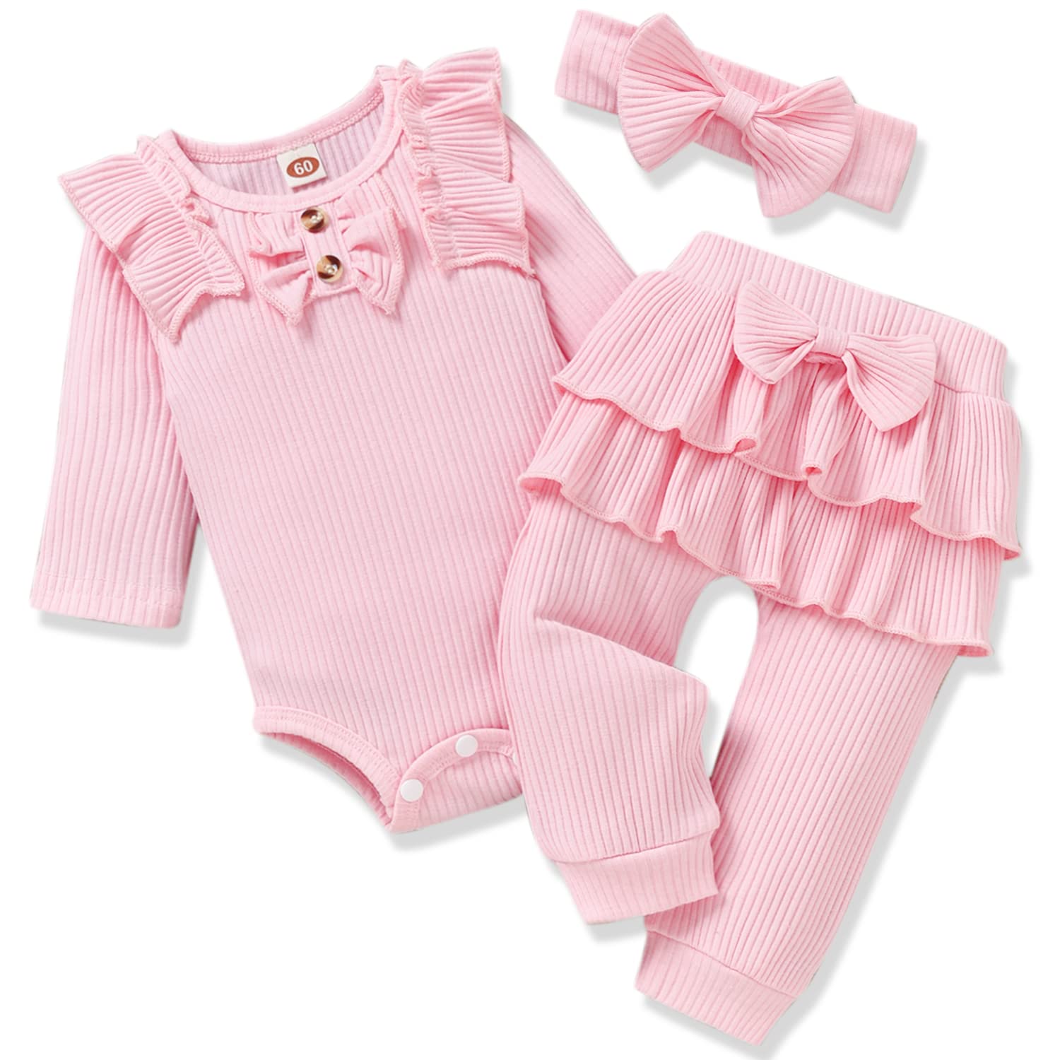 Aalizzwell Preemie Newborn Infant Baby Girls Clothes Ribbed Bodysuit Pants Set Fall Winter Outfits Pink Premature