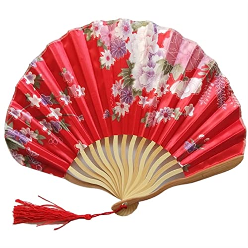 PHONME Multipurpose 3 pcs Chinese Style Hand Held Fans Personalized Pattern Silk Bamboo Folding Fans Handheld Wedding Hand Fan Cool Bamboo Flower Fan for Decoration Vintage style (Color : Red)