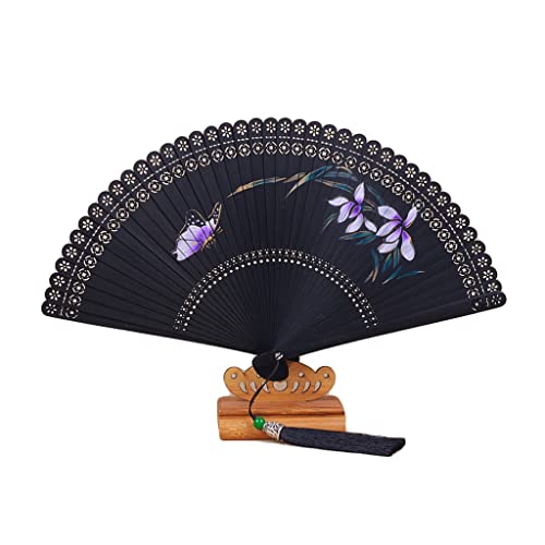 PHONME Decoration Folding Fan Folding Hand Fan for Women Orchid Pattern Bamboo Handheld Folding Fan Chinese Vintage Bamboo Fan for Wall Decoration Gift Elegant Hand Fan Vintage style (Color : Black)