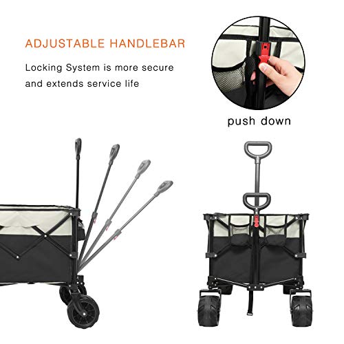 Moon Lence Collapsible Outdoor Utility Wagon Heavy Duty Folding Garden Portable Hand Cart with All-Terrain Beach Wagon ,Big Wheels, Adjustable Handle & Drink Holders