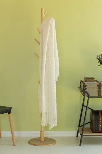 Decorative Diamond Pattern Knit Throw Blanket with Fringe, White