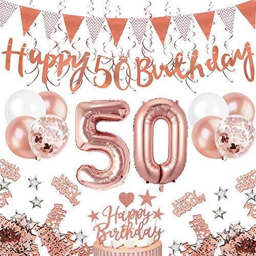 MOVINPE 50th Rose Gold Birthday Decorations, 50th Happy Birthday Banner Pennant Flags 6pcs Hanging Swirl, Number 50 Foil Balloons 8pcs Latex Balloons Cake Toppers Table Confetti for Women