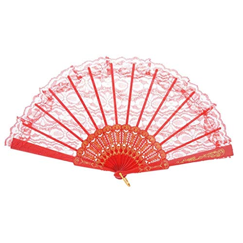 PHONME Decorative Folding Fans Chinese Style Lace Handheld Fans Folding Fan Dance Party Wedding Hand Fan Cool Bamboo Flower Handheld Fans Elegant Hand Fans Vintage Style (Color : Red)