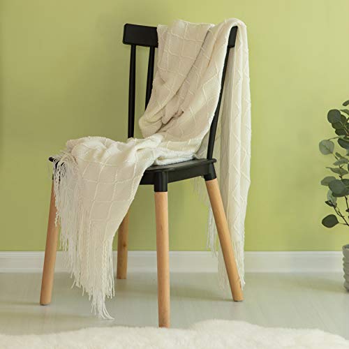 Decorative Diamond Pattern Knit Throw Blanket with Fringe, White