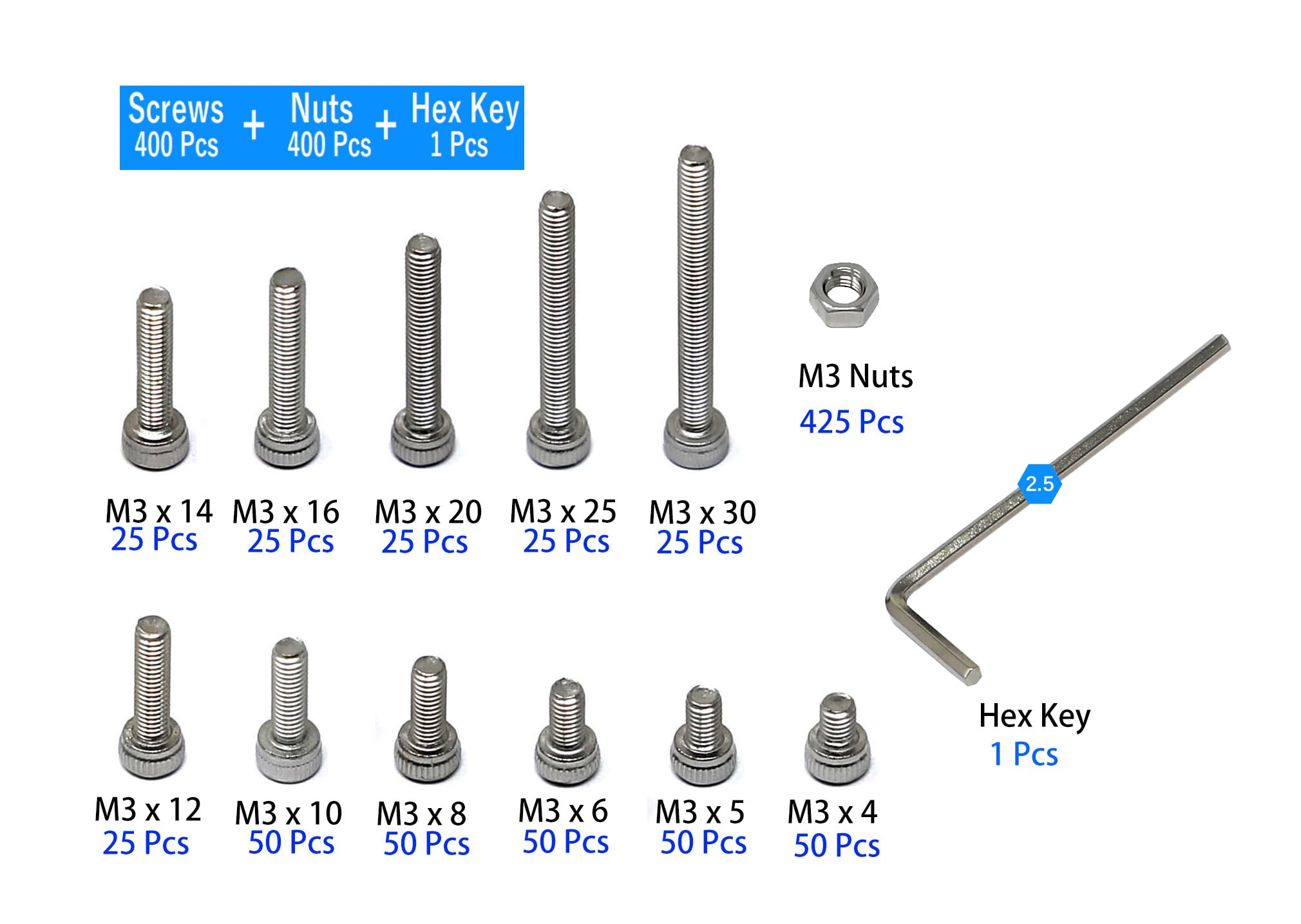iexcell 1050 Pcs M3 x 4/6/8/10/12/16/20/25/30 Stainless Steel 304 Hex Socket Head Cap Screws Bolts Assortment and Nuts Kit
