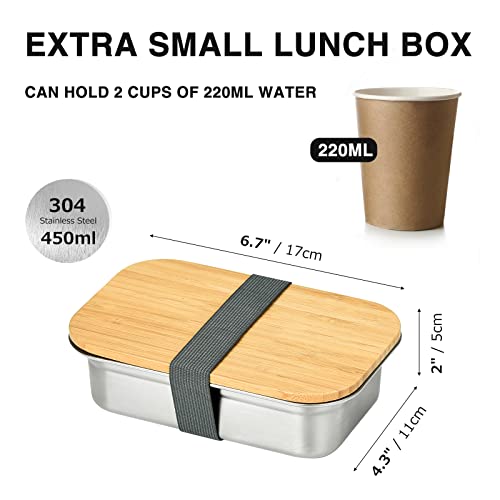 Stainless Steel Bento Lunch Box Japanese Bento Box Extra Small Bamboo Lunch Box Stainless Steel Snack Containers Food for Kids Toddler Metal Lunch Containers for School,Work,Rectangle 15.2oz/450ml