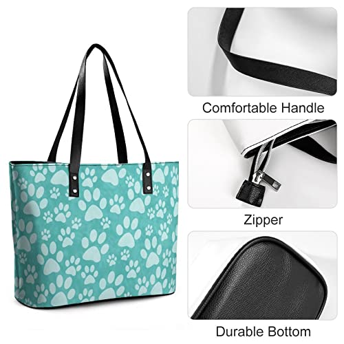 Womens Handbag Teal Doggy Paw Print Leather Tote Bag Top Handle Satchel Bags For Lady