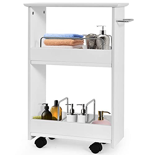 ARLIME 3 Tier Bathroom Storage Cart, Wooden Rolling Storage Cabinet w/ Towel Rack and Side Handle, Lockable Wheel, Side Storage Organizer for Bathroom Kitchen Laundry