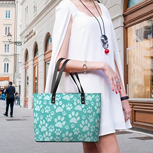 Womens Handbag Teal Doggy Paw Print Leather Tote Bag Top Handle Satchel Bags For Lady