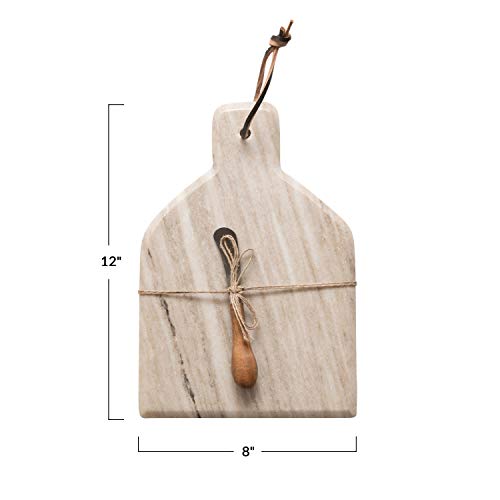 Creative Co-Op 12"L x 8"W Marble Cheese/Cutting Board w/ Canape Knife, Buff Color, Set of 2 Pieces