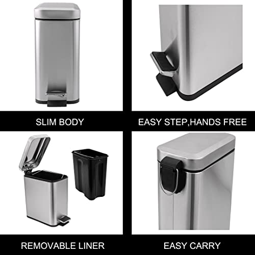 CAMTCHER Slim Trash Can Stainless Steel 2.6 Gallon / 10 Liter Rectangle Step Trash Can, Soft Close, Removable Plastic Bucket (2.6 Gallons)
