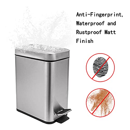 CAMTCHER Slim Trash Can Stainless Steel 2.6 Gallon / 10 Liter Rectangle Step Trash Can, Soft Close, Removable Plastic Bucket (2.6 Gallons)