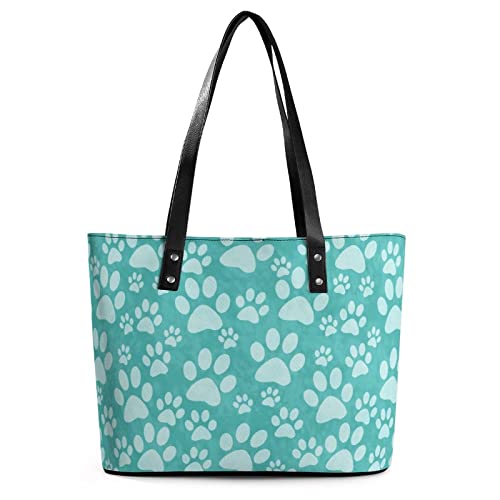 Womens Handbag Teal Doggy Paw Print Leather Tote Bag Top Handle Satchel Bags For Lady