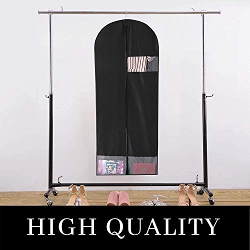 42 Inch Black Garment Bag Breathable for Suit Dress with Large Clear Window and Mesh Pockets