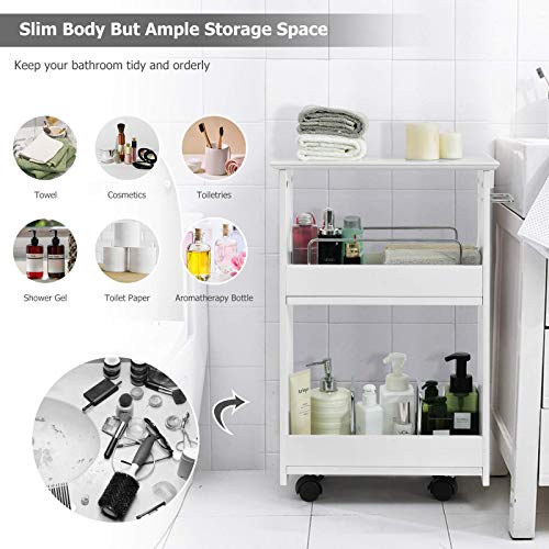 ARLIME 3 Tier Bathroom Storage Cart, Wooden Rolling Storage Cabinet w/ Towel Rack and Side Handle, Lockable Wheel, Side Storage Organizer for Bathroom Kitchen Laundry