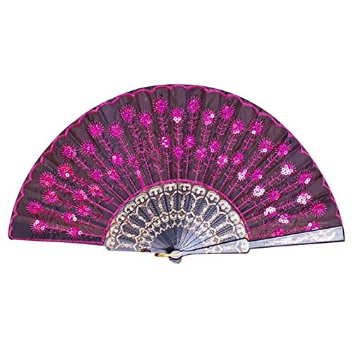 PHONME Decorative Folding Fans Peacock Pattern Folding Hand Held Fan Embroidered Sequin Party Wedding Prom Chinese Spain Hand Fan Folding Elegant Hand Fans Vintage style (Size : Navy)