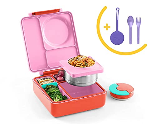 OmieBox Bento Box for Kids Insulated Bento Lunch Box with Leak Proof Thermos Food Jar, 3 Compartments + Purple Utensil Set with Case