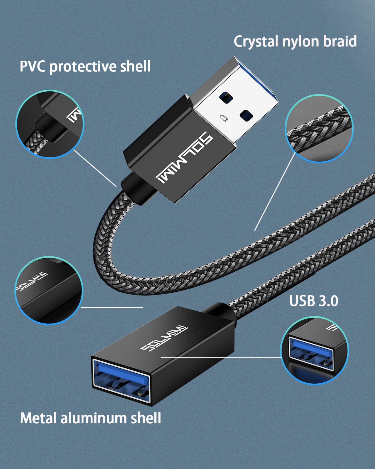 SOLMIMI USB Extension Cable, USB 3.0 A Male to USB A Female Cord, USB Extender Cable Compatible for PS4, PC, Laptop, TV, Headphone, Hard Drive, Keyboard, Mouse, Printer, Webcam (4FT/1.2M, Black)