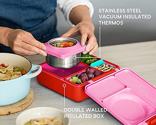 OmieBox Bento Box for Kids Insulated Bento Lunch Box with Leak Proof Thermos Food Jar, 3 Compartments + Purple Utensil Set with Case