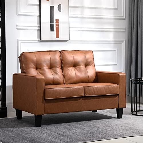 HOMCOM 51" Wide Loveseat with Armrest, 2-Seater Tufted PU Leather Double Sofa, Brown
