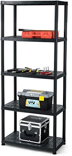 LDAILY 5 Tier Plastic Storage Shelves, Multi-Use Free Standing Shelf Unit, Easy to Assemble, Heavy Duty Rack for Home Office Garage, Black (1, 28“L X 15”W X 67“H)
