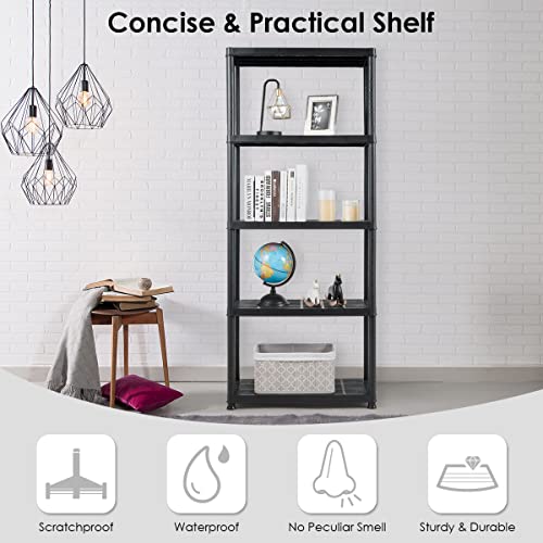 LDAILY 5 Tier Plastic Storage Shelves, Multi-Use Free Standing Shelf Unit, Easy to Assemble, Heavy Duty Rack for Home Office Garage, Black (1, 28“L X 15”W X 67“H)