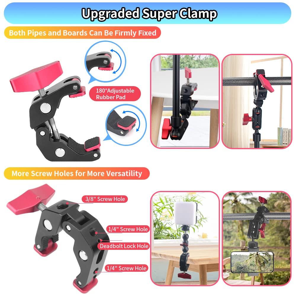 JEBUTU 13"/34cm Magic Arm w Clamp, Camera Mount & Clamp w 1/4" 3/8" Threads and Articulating Friction Magic Arm, Overhead Phone Mount, Camera Boom Arm Mount for Light Webcam Mic Action Camera Monitor