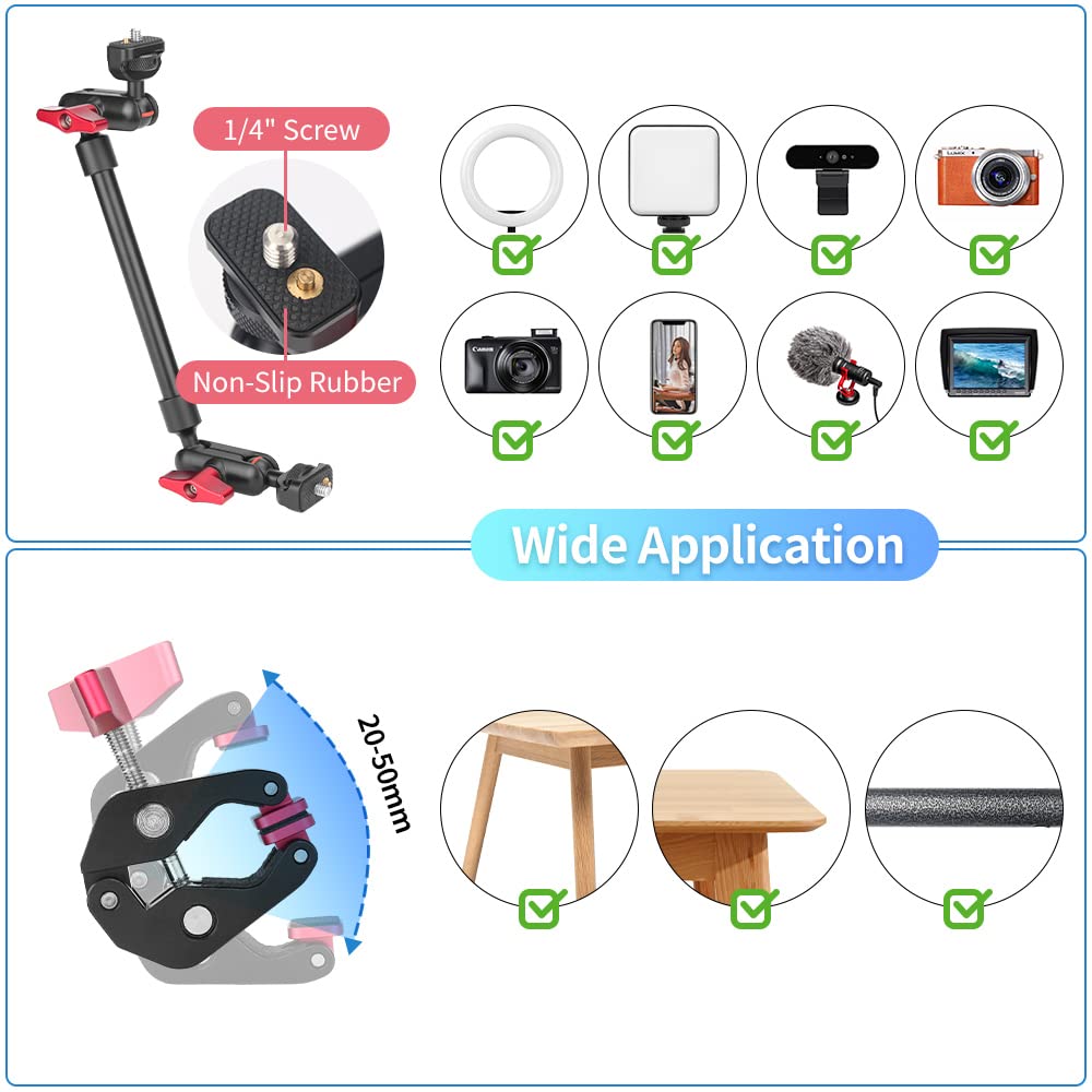 JEBUTU 13"/34cm Magic Arm w Clamp, Camera Mount & Clamp w 1/4" 3/8" Threads and Articulating Friction Magic Arm, Overhead Phone Mount, Camera Boom Arm Mount for Light Webcam Mic Action Camera Monitor