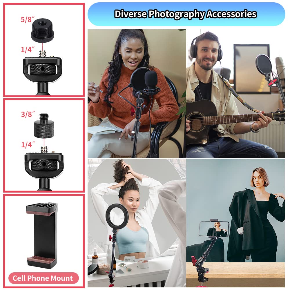 JEBUTU 13"/34cm Magic Arm w Clamp, Camera Mount & Clamp w 1/4" 3/8" Threads and Articulating Friction Magic Arm, Overhead Phone Mount, Camera Boom Arm Mount for Light Webcam Mic Action Camera Monitor