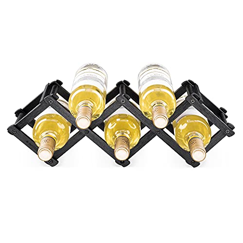 Navaris Bamboo Wine Rack - Foldable Free Standing Wine Rack - Small Wooden Wine Stand for Organizing and Storing Bottles - 5 Slot - Black