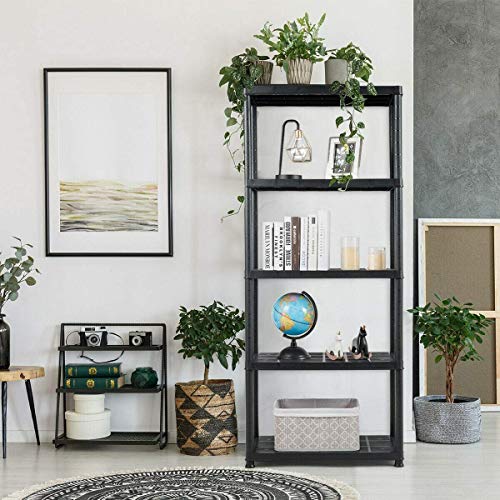 LDAILY 5 Tier Plastic Storage Shelves, Multi-Use Free Standing Shelf Unit, Easy to Assemble, Heavy Duty Rack for Home Office Garage, Black (1, 28“L X 15”W X 67“H)