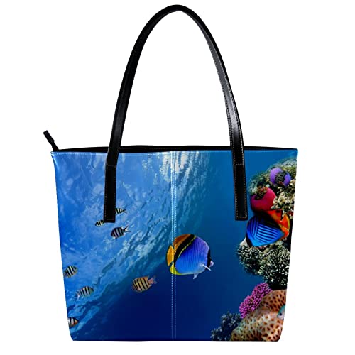 Women's Large Size Canvas Shoulder Bag Hobo Crossbody Handbag Casual Tote, Ocean Tropical Fish Coral