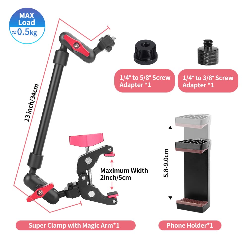 JEBUTU 13"/34cm Magic Arm w Clamp, Camera Mount & Clamp w 1/4" 3/8" Threads and Articulating Friction Magic Arm, Overhead Phone Mount, Camera Boom Arm Mount for Light Webcam Mic Action Camera Monitor