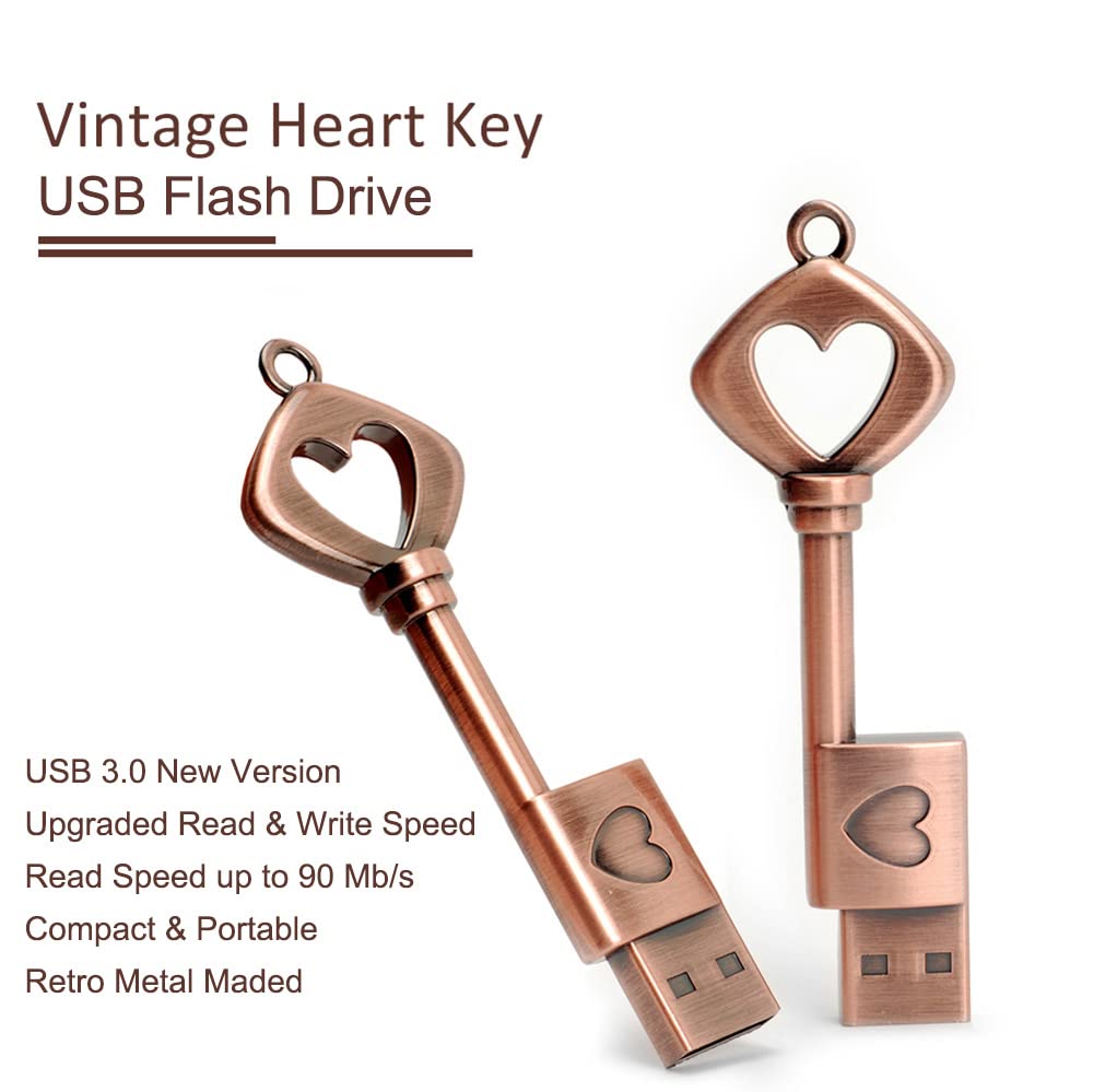64GB USB 3.0 Flash Drive, BorlterClamp Memory Stick Retro Metal Love Heart Key Shaped USB Drive Thumb Drive