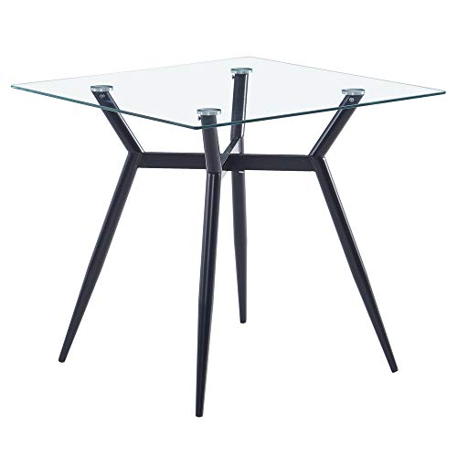 Knocbel Modern Square Glass Dining Table with Metal Legs, 177lbs Weight Capacity, 31.5" L x 31.5" W x 29.5" H (Clear and Black)