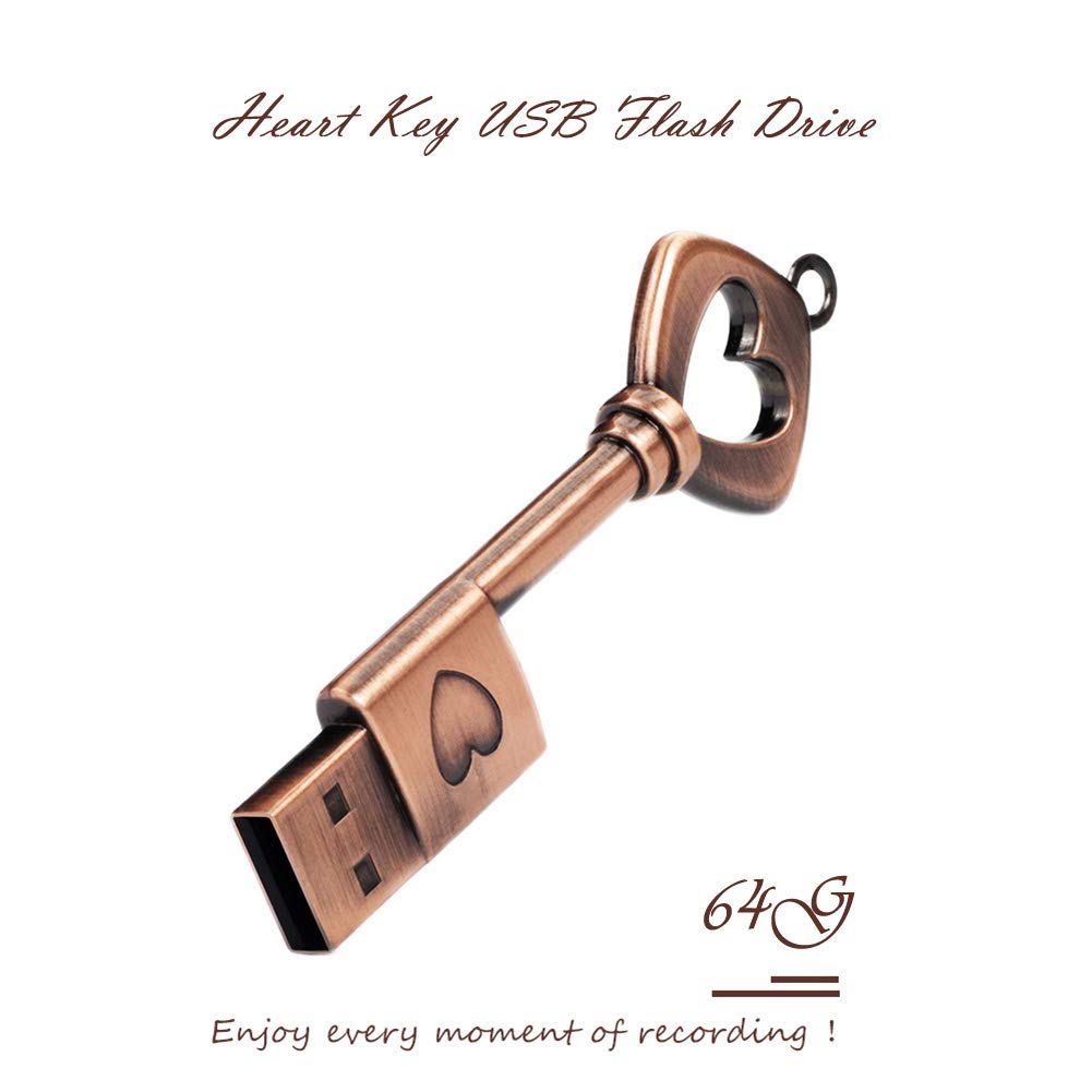 64GB USB 3.0 Flash Drive, BorlterClamp Memory Stick Retro Metal Love Heart Key Shaped USB Drive Thumb Drive