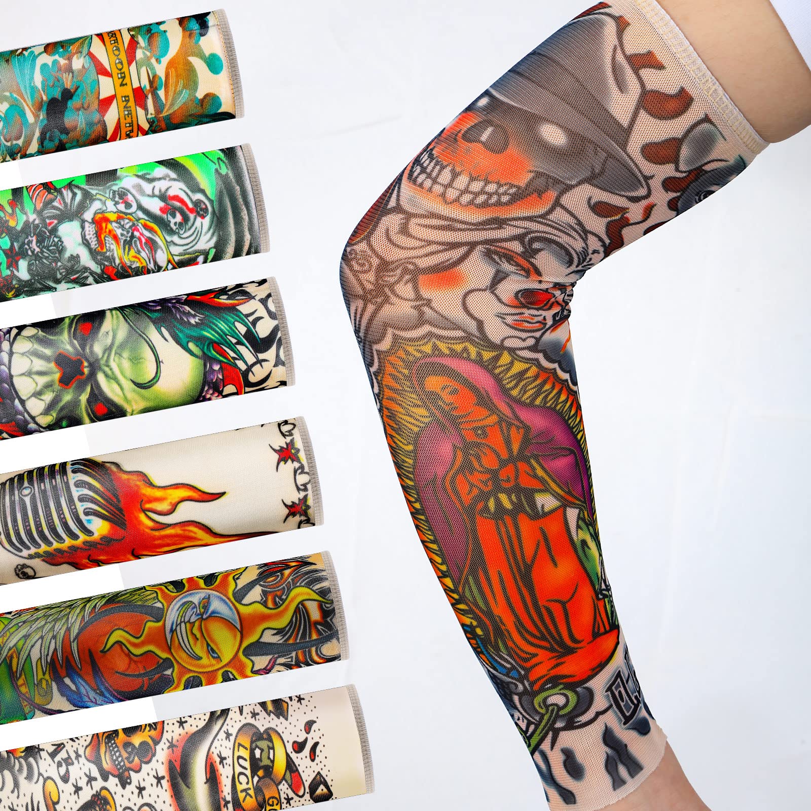 12 Pieces Tattoo Arm Sleeves for Kids Temporary Kids Tattoo Sleeve UV Sun Protection Kids Arm Sleeves (Funny Pattern)