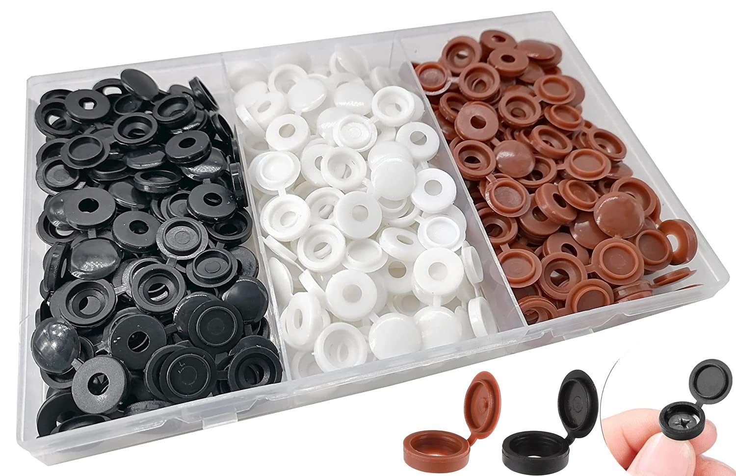 Persberg 180Pcs Colorful Pieces Hinged Screw Cover Caps Plastic Screw Caps Fold Screw Snap Covers Washer Flip Tops (Black, White, Brown) 286