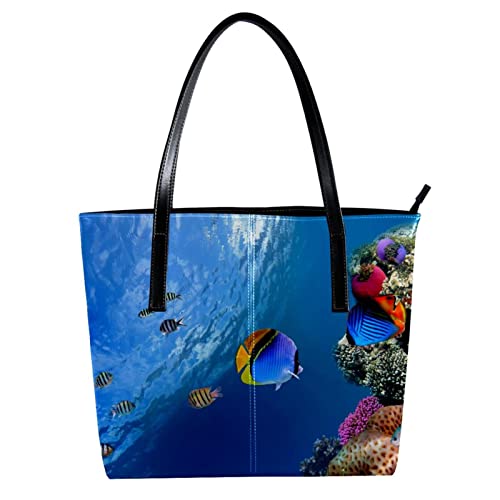Women's Large Size Canvas Shoulder Bag Hobo Crossbody Handbag Casual Tote, Ocean Tropical Fish Coral