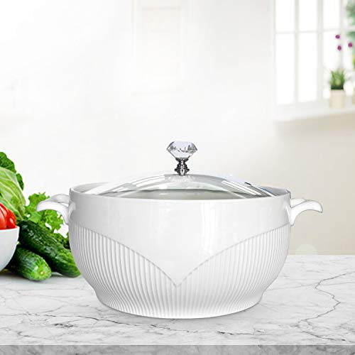 ABHOME Ceramic Soup Tureen with Glass Lid Porcelain Serving Tureen Soup for Restaurant Home Kitchen Decoration Cute Ceramic Covered Tureens for Soup, White Porcelain (8.58 in)