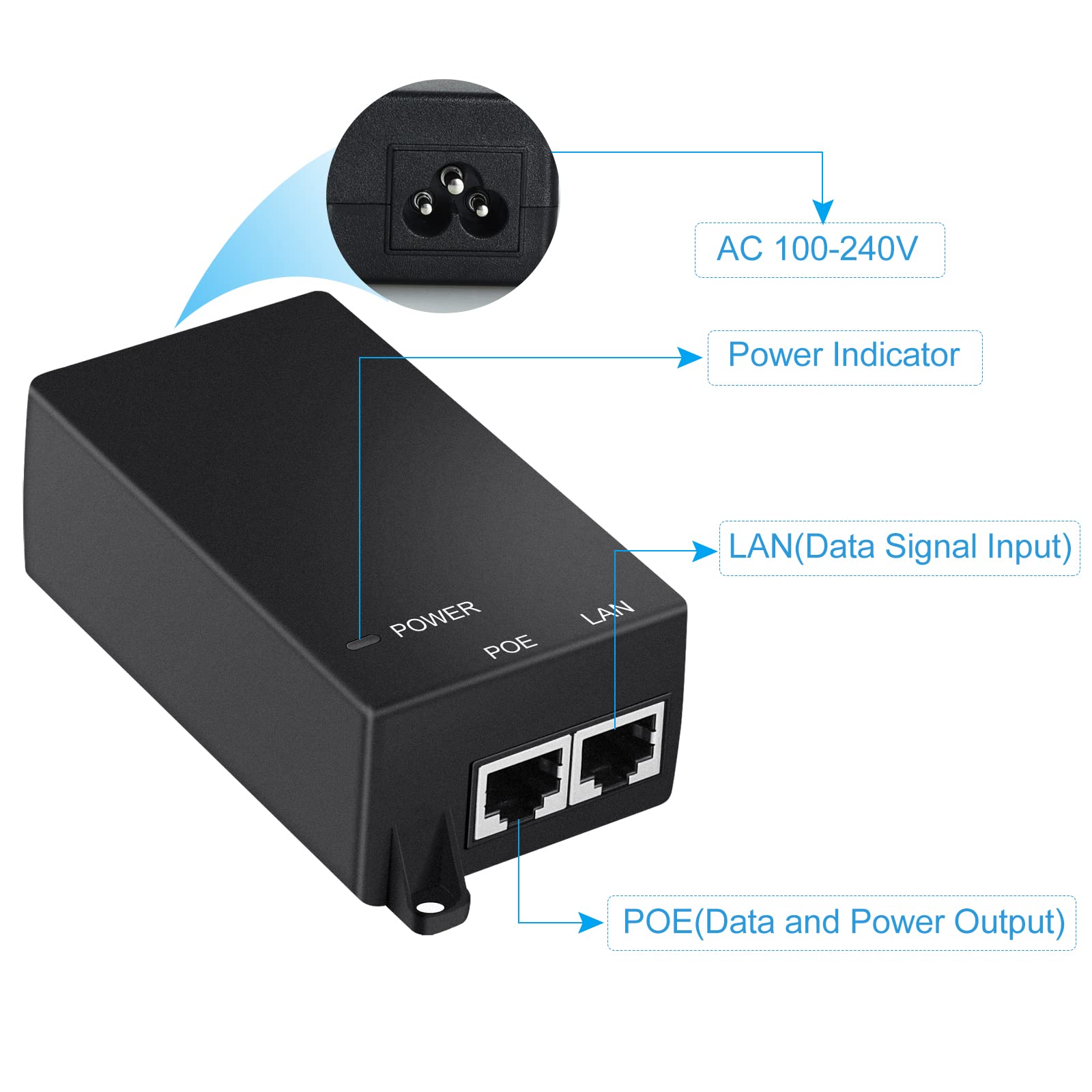 PoE Injector Adapter, NEWCARE 48V Gigabit PoE Adapter 30W, RJ-45 10/100/1000 Mbps, Up to 100 Meters (328 Feet), Support Wall-Mount, Use for IP Camera AP Switch 45+ 78- PoE Power Supply(Non-Standard)