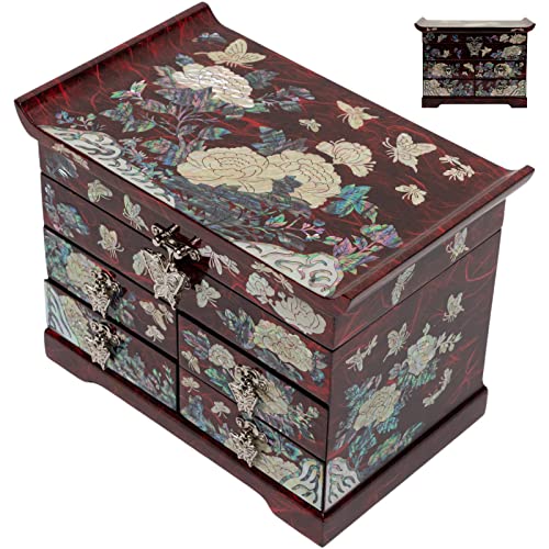 February Mountain Mother of Pearl Wooden Jewelry Organizer Box – Jewelry Storage Box for Women, Features Spacious Drawers, Ideal for Rings, Bracelets, Watches, Chains, Accessories (Peony_Red)