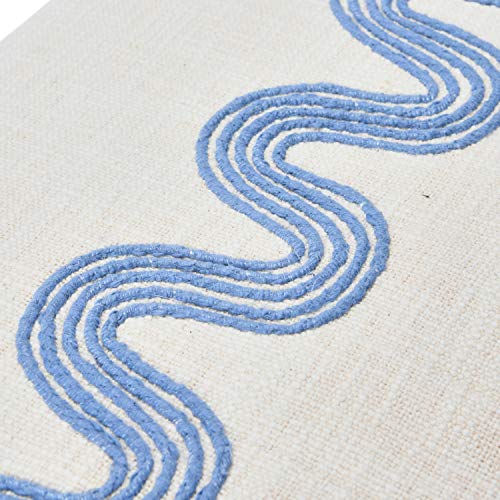 Creative Co-Op Cotton Lumbar Embroidered Curved Pattern & Tassels, Cream Color & Blue Pillow, Cream & Blie