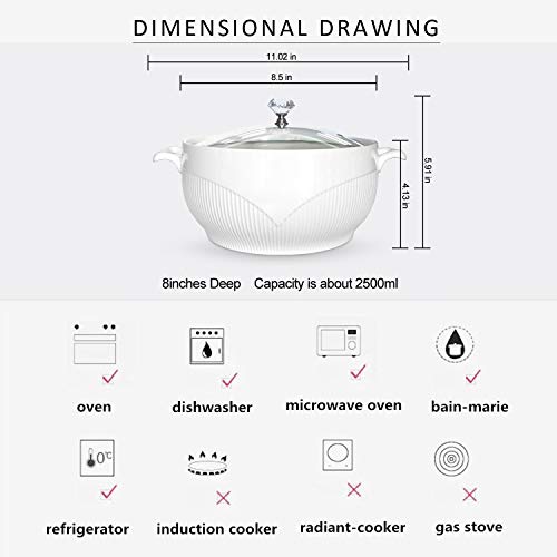 ABHOME Ceramic Soup Tureen with Glass Lid Porcelain Serving Tureen Soup for Restaurant Home Kitchen Decoration Cute Ceramic Covered Tureens for Soup, White Porcelain (8.58 in)