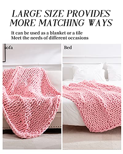 SPAOMY Chunky Knit Blanket Chenille Handmade Throw Blanket Cozy Warm Blanket for Bed Couch Home Decor(60x60 in,Pink)