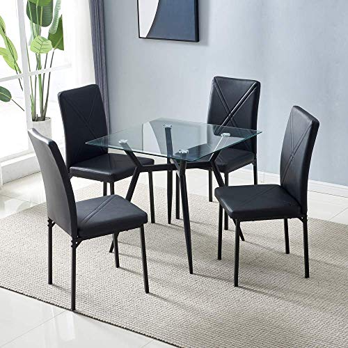 Knocbel Modern Square Glass Dining Table with Metal Legs, 177lbs Weight Capacity, 31.5" L x 31.5" W x 29.5" H (Clear and Black)