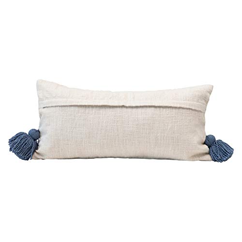 Creative Co-Op Cotton Lumbar Embroidered Curved Pattern & Tassels, Cream Color & Blue Pillow, Cream & Blie